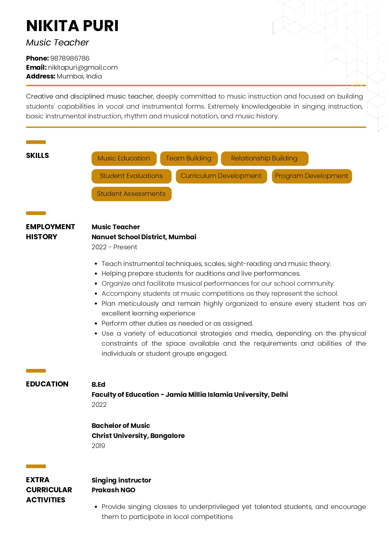 Sample Resume Of Music Teacher With Template Writing Guide Resumod co